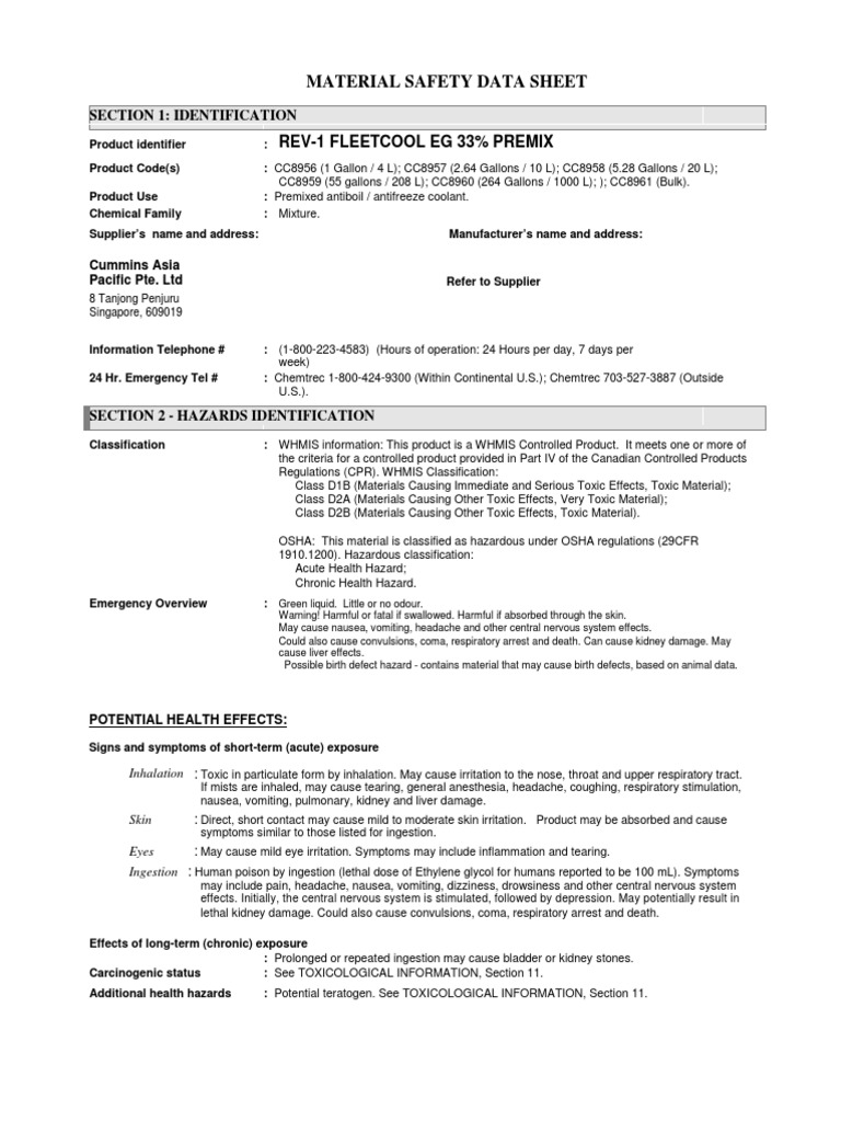 REV-1 MSDS - Fleetcool Premix | PDF