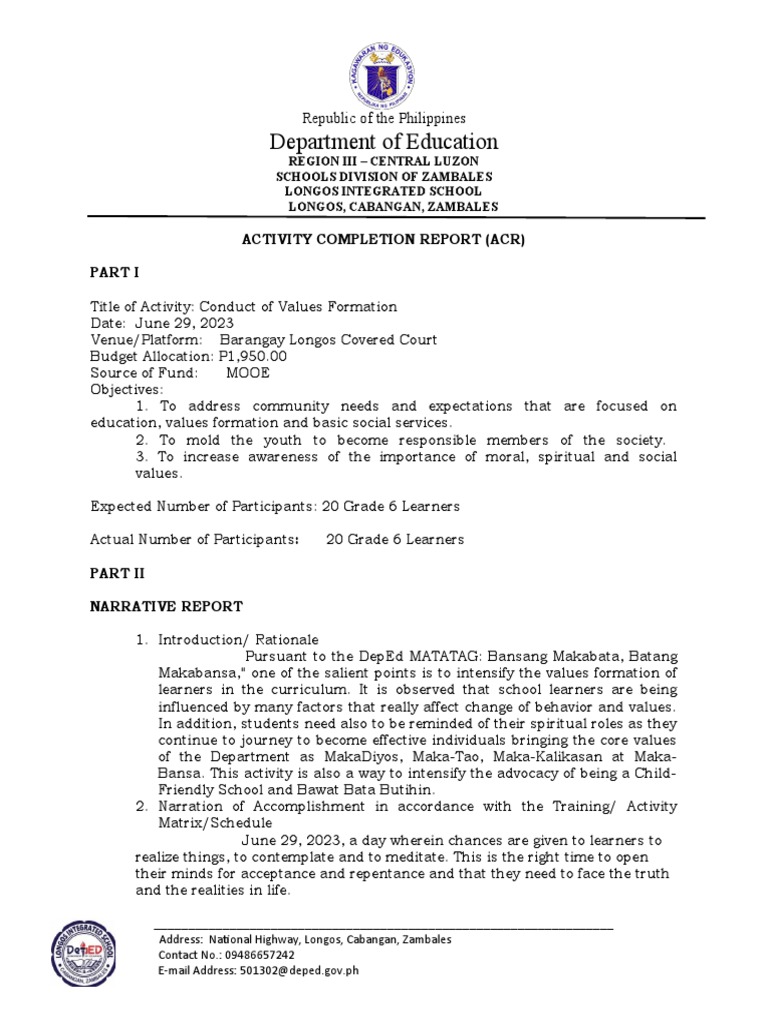 Grade 6 Values Formation Event | PDF | Behavior Modification | Cognition