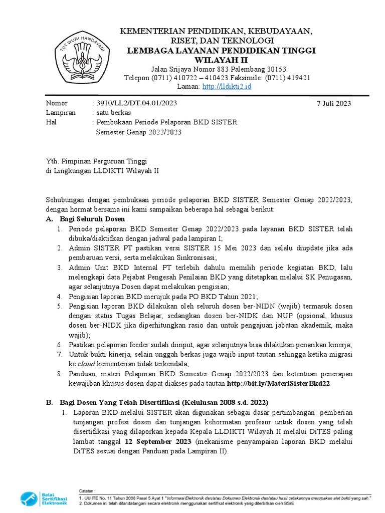 Pembukaan Periode Pelaporan BKD SISTER Semester Genap 20222023-Final | PDF | Bisnis ...