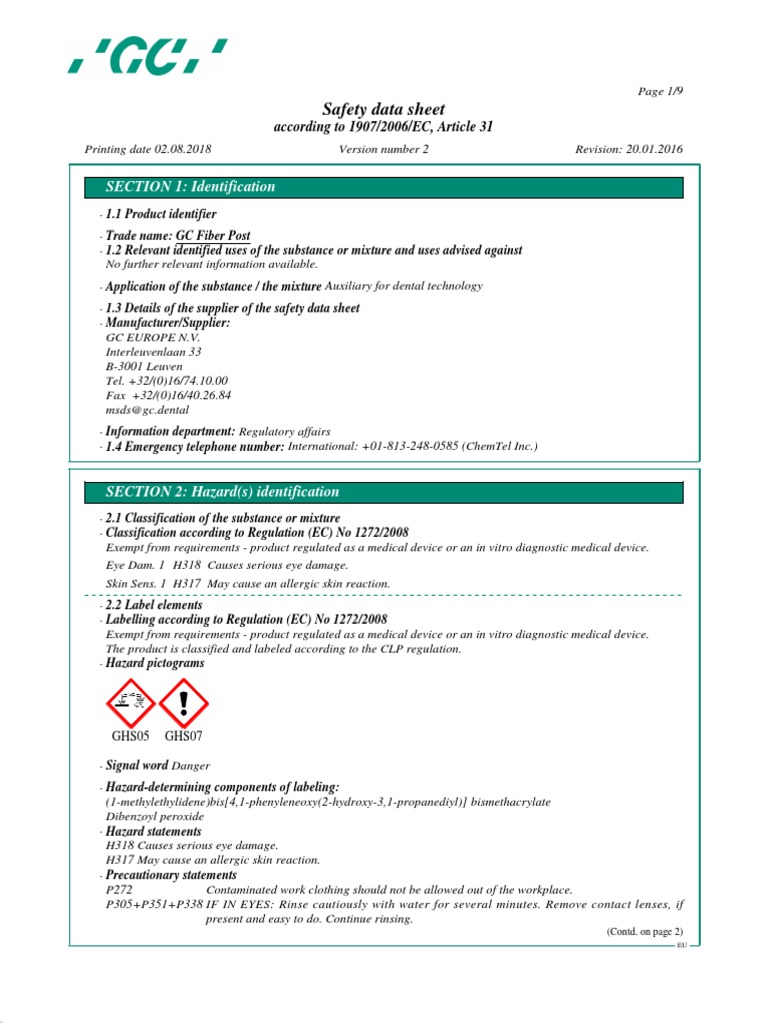 SDS Fiber Post EU | PDF | Medical Device | Occupational Safety And Health
