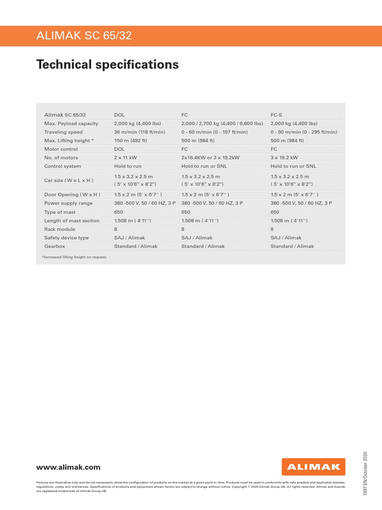 ALIMAK SC 65 32 1697 EN October 2020 Tech Specs 1 | PDF
