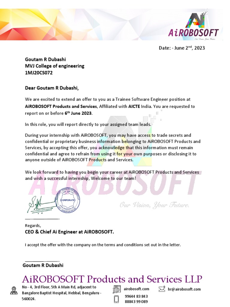 Internship Call Letter - AiROBOSOFT Products and Services LLP | PDF