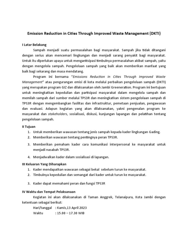 ToR Kegiatan Pelatihan Dan Workshop Pemilahan Sampah Kader Aur Kenali - Program Output 2.1 ...