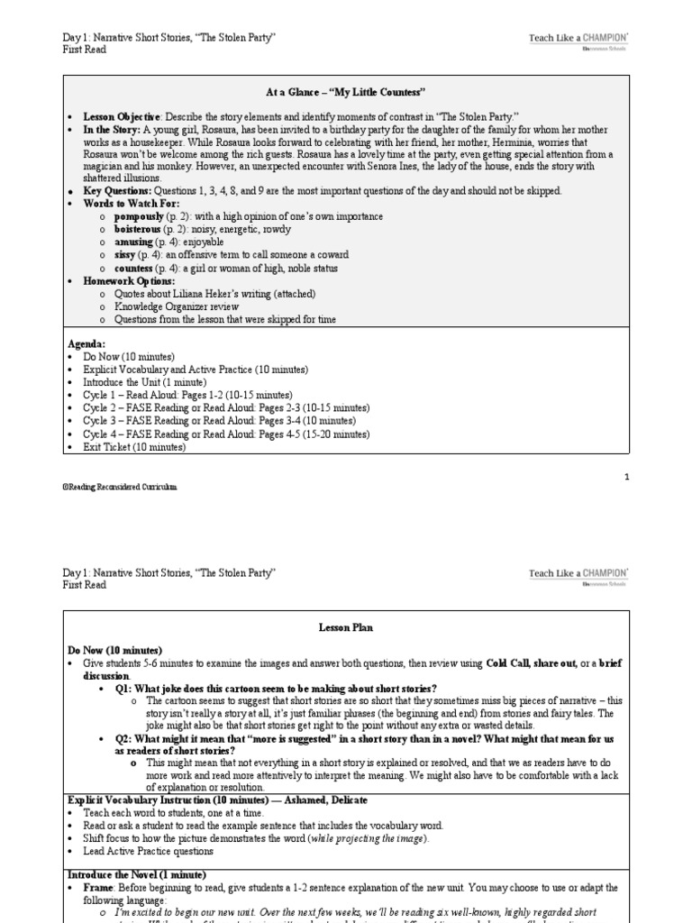 1 Short Stories Lesson Plan - Stolen Party Day 1 1 | PDF 1 Short Stories Lesson Plan - Stolen Party Day 1 1 | PDF