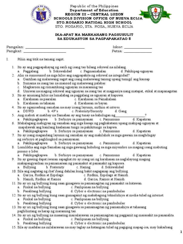 4th Quarterly Exam in ESP 8-2022-2023 | PDF