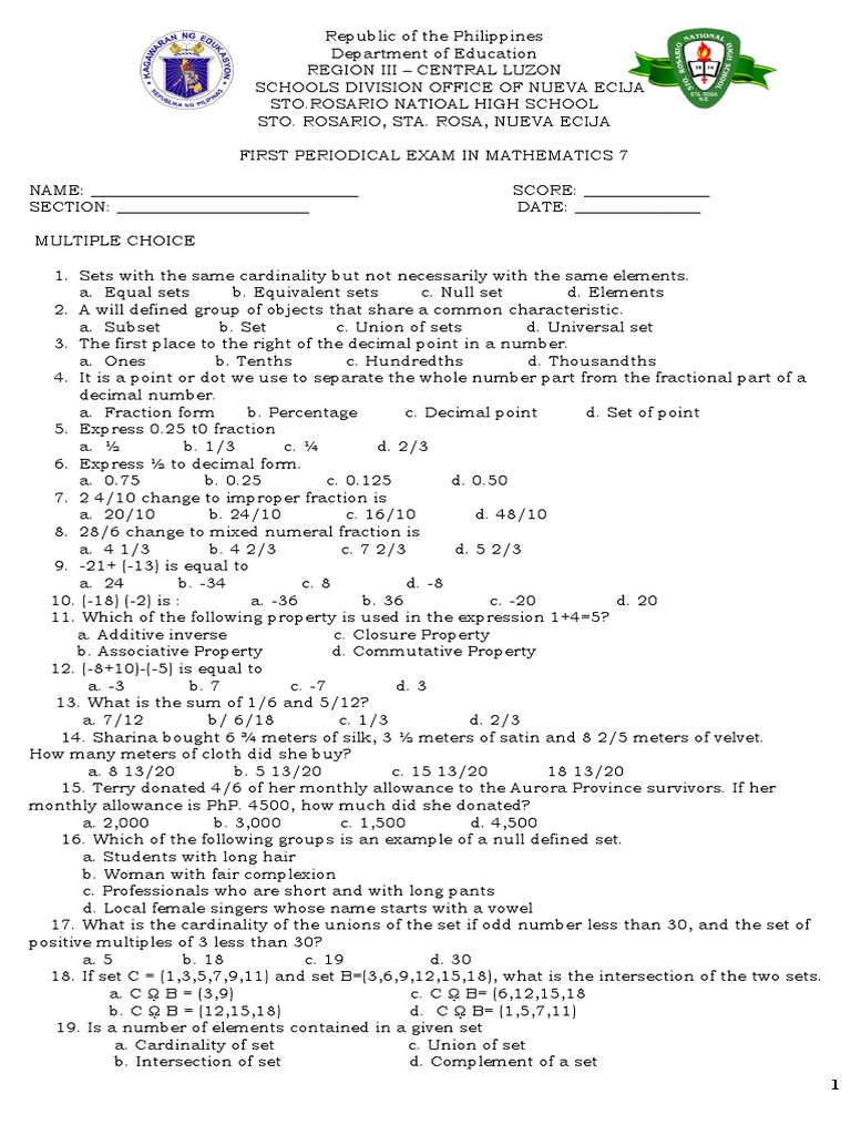 1st Periodical Exam in Math 7-LONG | Download Free PDF | Odds | Numbers