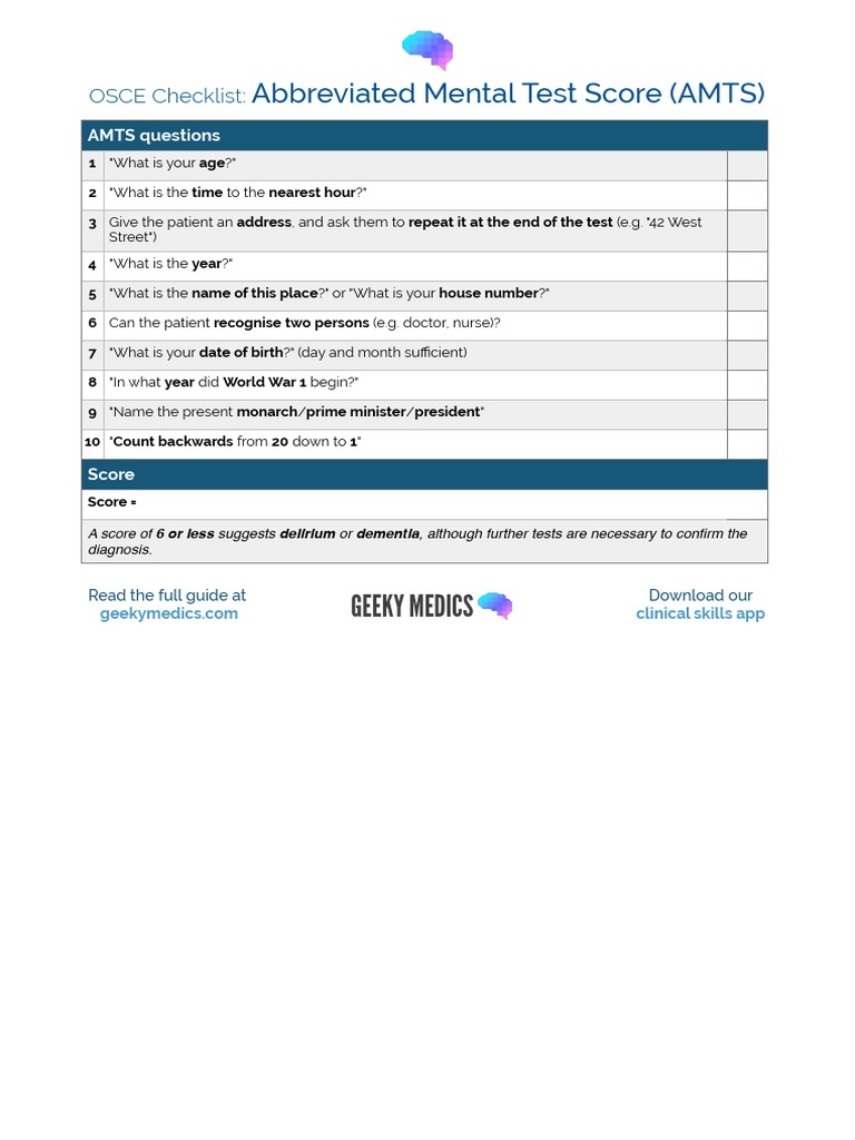 AMTS Checklist for Mental State Exam | PDF | Science & Mathematics