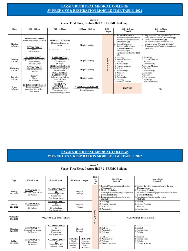 2022 CVS & Respiration Module Timetable | PDF
