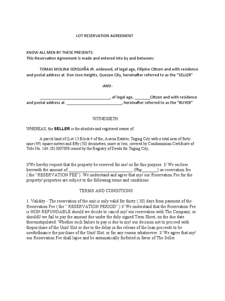 Lot Reservation Agreement | PDF