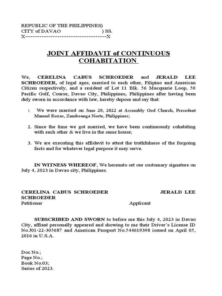 Joint Affidavit of Cohabitation | PDF | Law