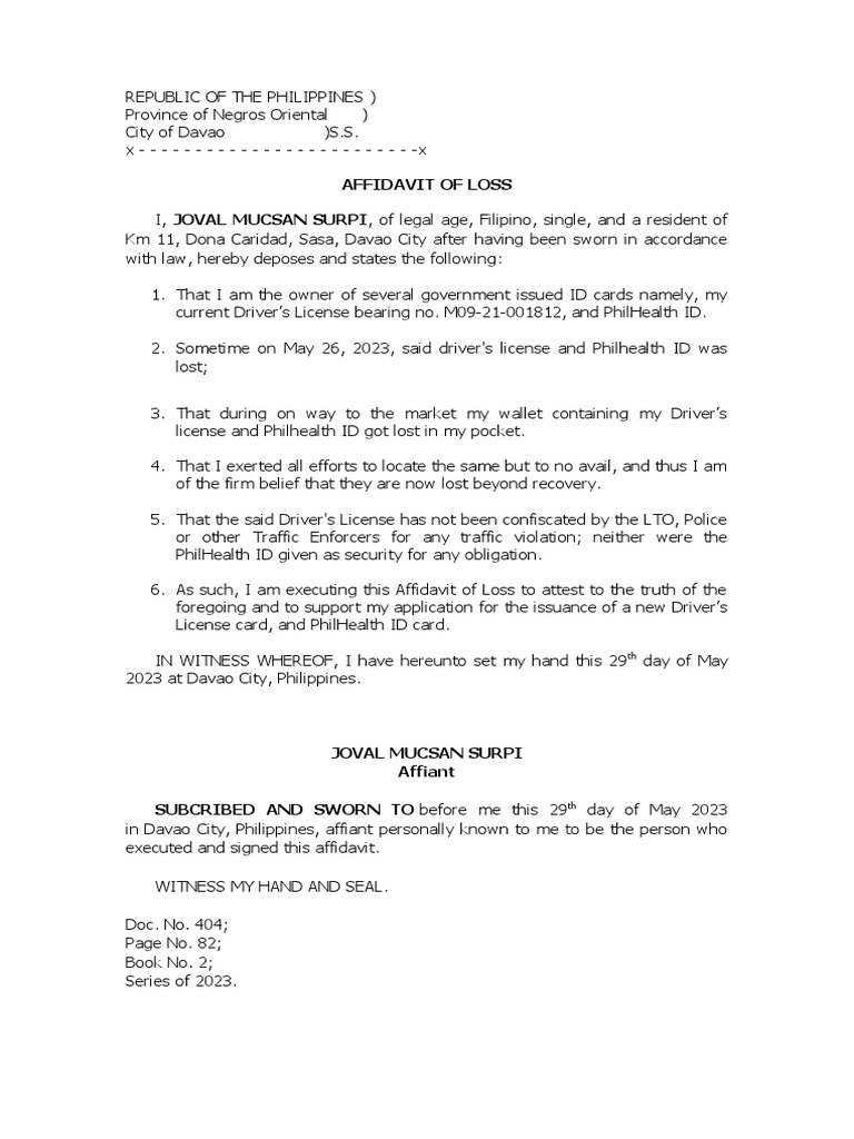 Affidavit of Loss Multiple IDs | PDF