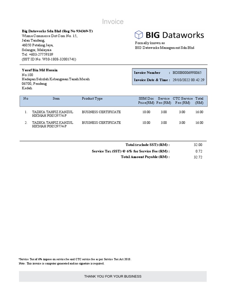 Invoice: Big Dataworks SDN BHD (Reg No 934369-T) | PDF