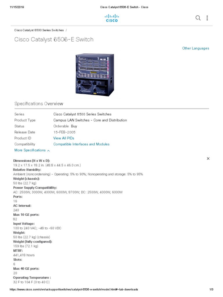 Cisco Catalyst 6506-E Switch - Cisco | PDF