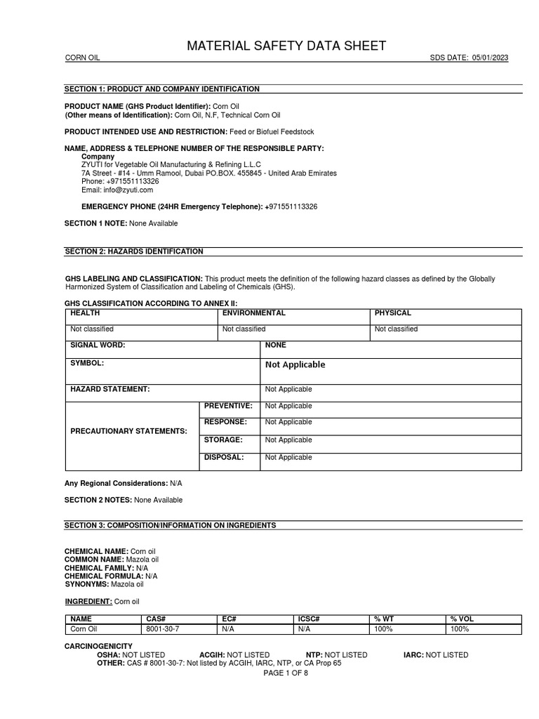 MSDS_Corn-Oil-ZYUTI_012023-v2 | PDF