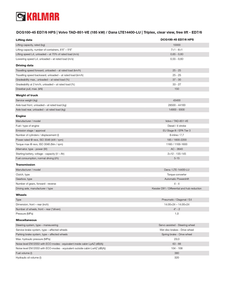 Brochure - Reach Stacker - Kalmar - DCG100-45 ED76 HPS - Volvo TAD-851 ...