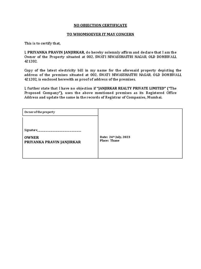 No Objection Certificate for Property Use | PDF
