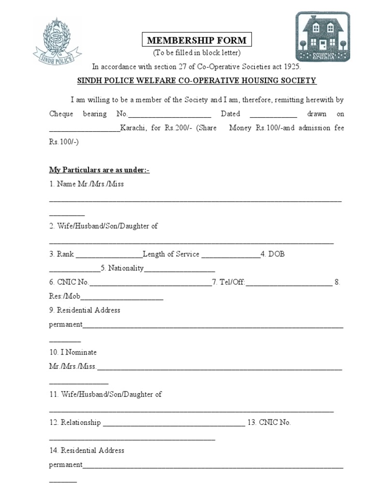 Membership Form Sindh Police Welfare Co-Operative Housing Society | PDF