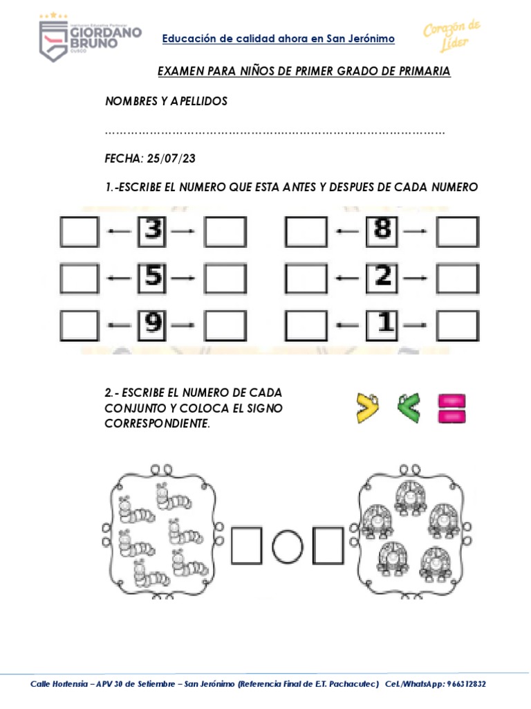 Examen para Niños de Primer Grado de Primaria Nombres Y Apellidos ...