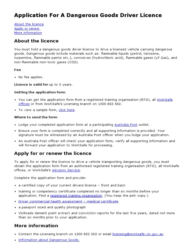 Application For A Dangerous Goods Driver Licence | PDF