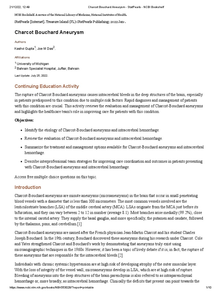 Charcot Bouchard Aneurysm - StatPearls - NCBI Bookshelf | PDF ...