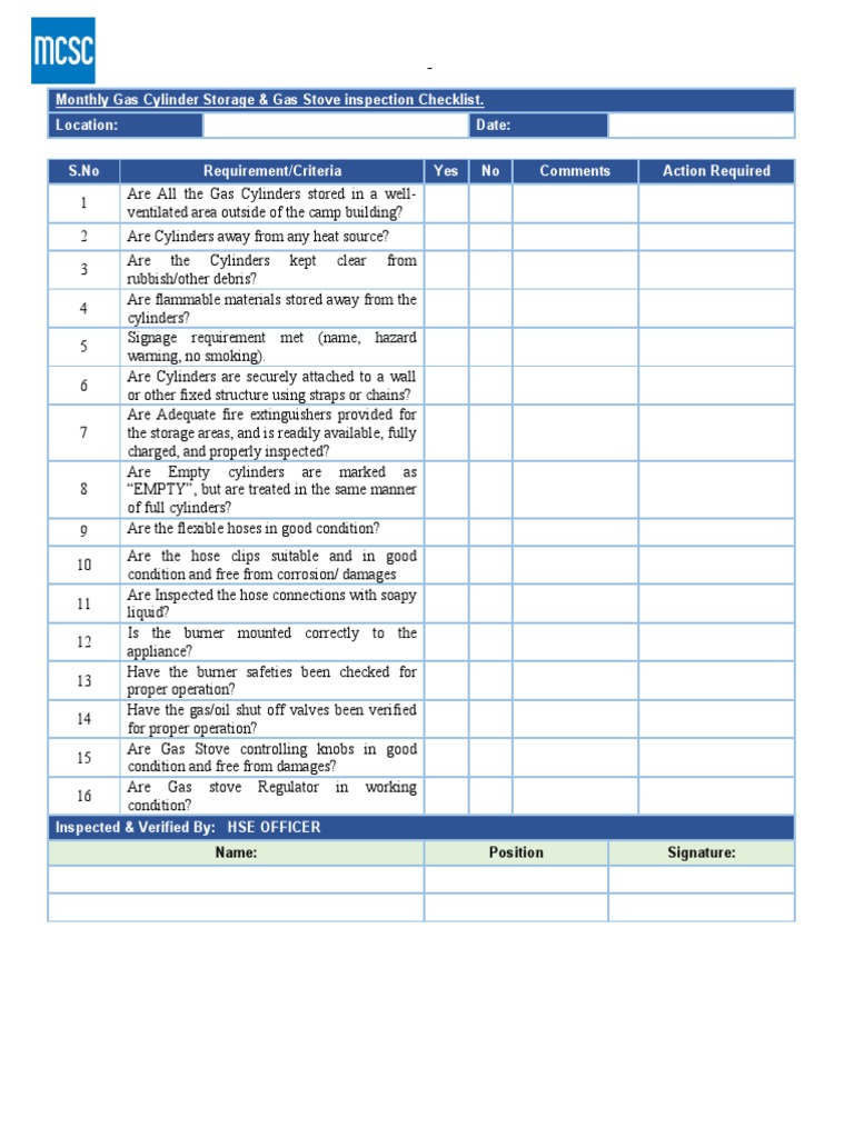 Monthly Gas Stove & Cylinder Inspection | PDF