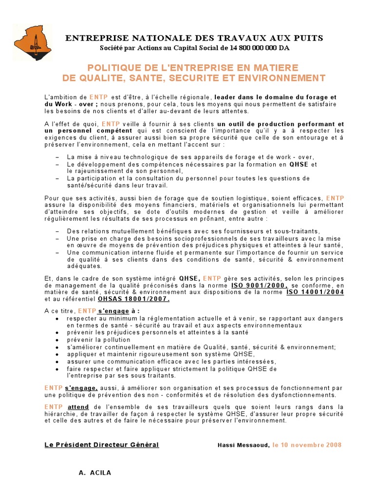 Politique QHSE de l'ENTP : Engagements et Normes | PDF | Sécurité ...