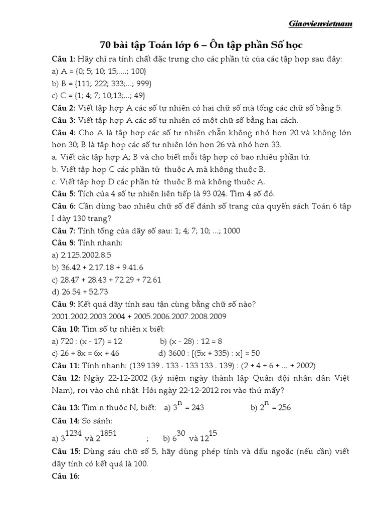 70 Bai Tap Toan Lop 6 On Tap Phan So Hoc | PDF