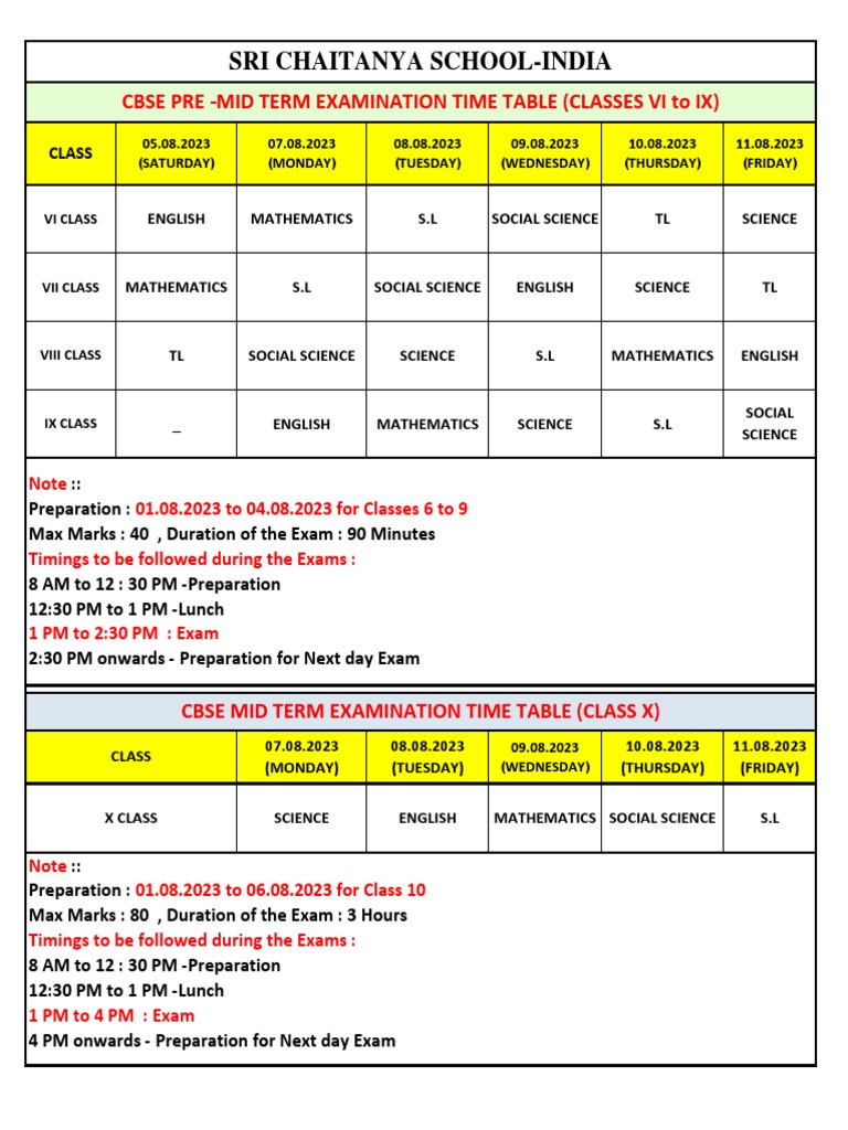 CBSE VI To IX Pre-Mid & X Class Mid Term Examination Time Table (Old ...