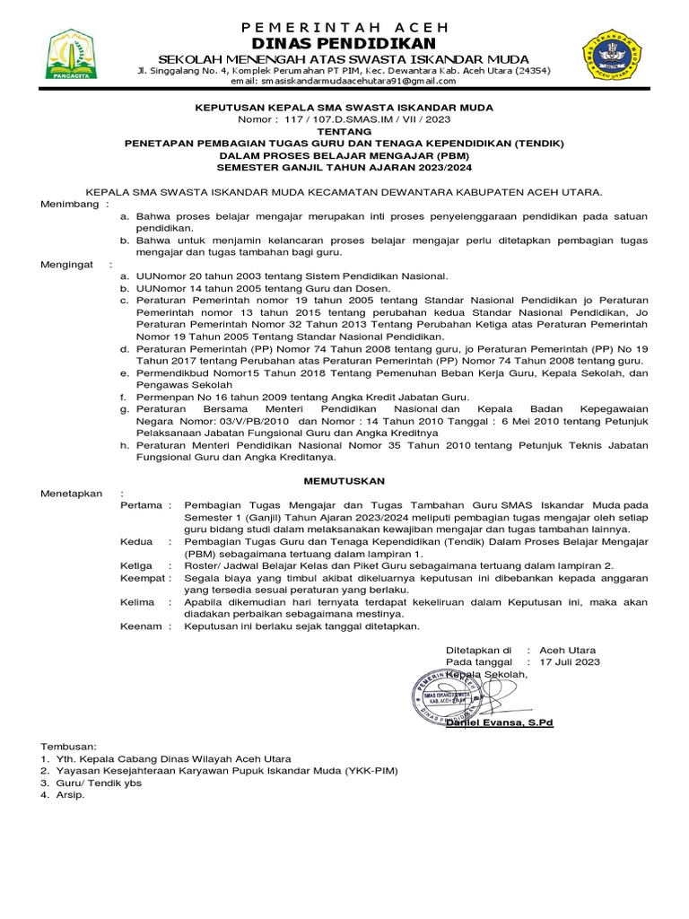 SK PEMBAGIAN TUGAS SEM - GANJIL 2023-2024.lengkap | PDF