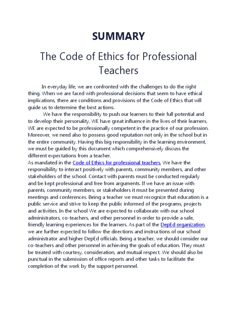 The Code of Ethics For Professional Teachers | PDF | Teachers | Learning