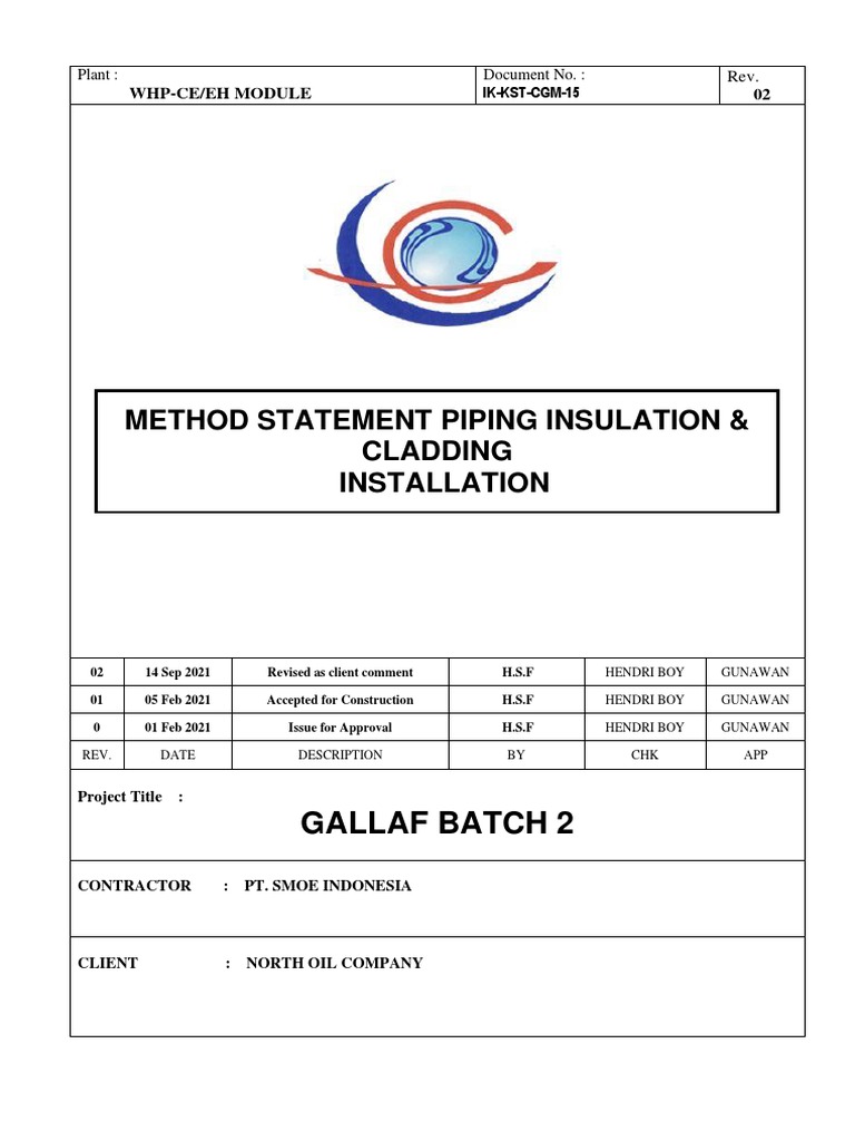 Method Statement of Piping Insulation and Cladding Installation R.02 ...