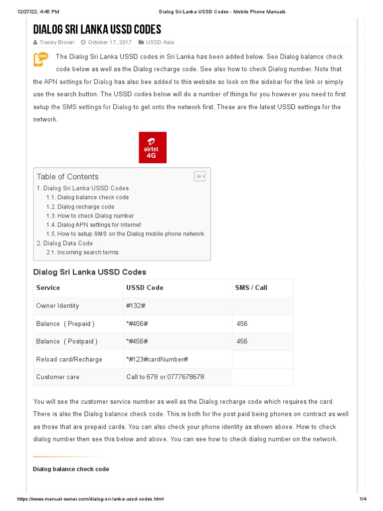 Dialog Sri Lanka USSD Codes - Mobile Phone Manuals | PDF