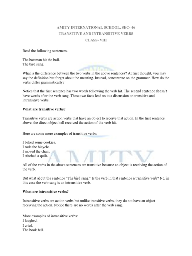 Answer Key - Transitive & Intransitive Verbs | PDF | Verb | Object ...