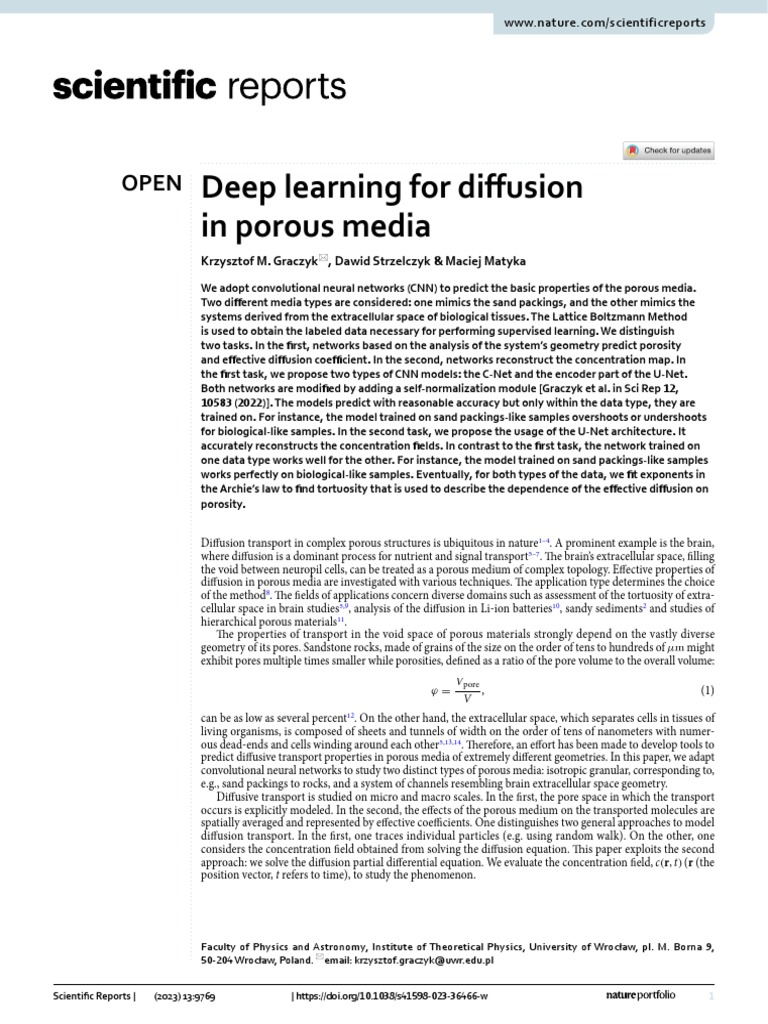 Deep Learning For Diffusion in Porous Media: Krzysztof M. Graczyk, Dawid Strzelczyk & Maciej ...