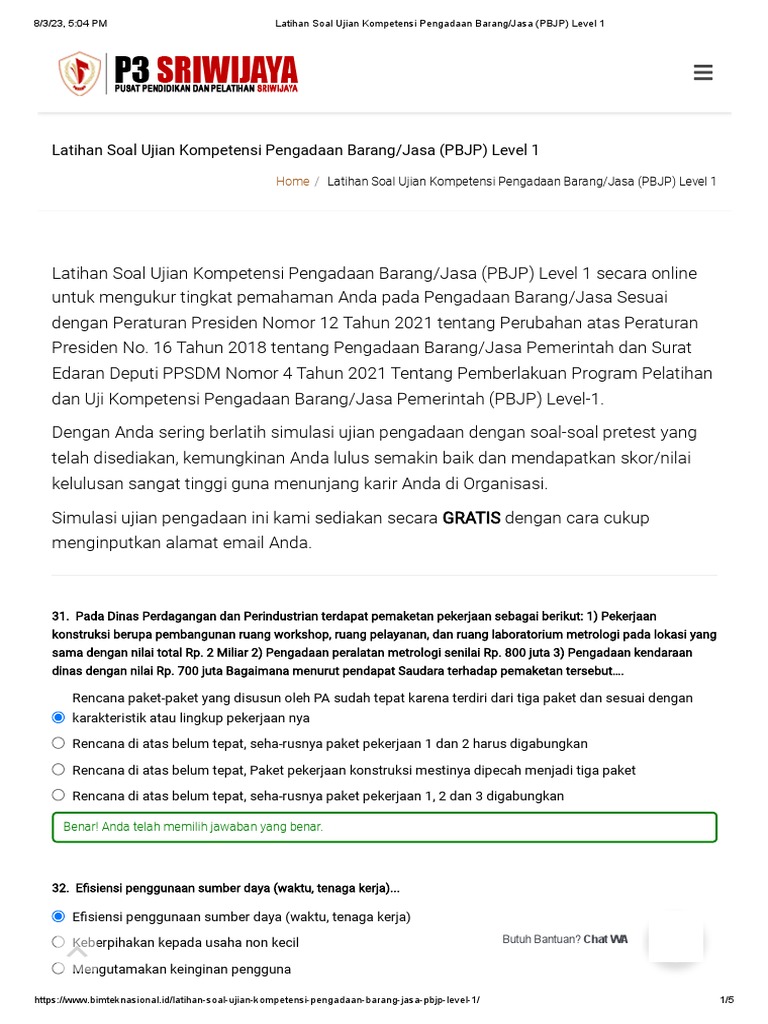 Latihan Soal Ujian Kompetensi Pengadaan Barang/Jasa (PBJP) Level 1 | PDF