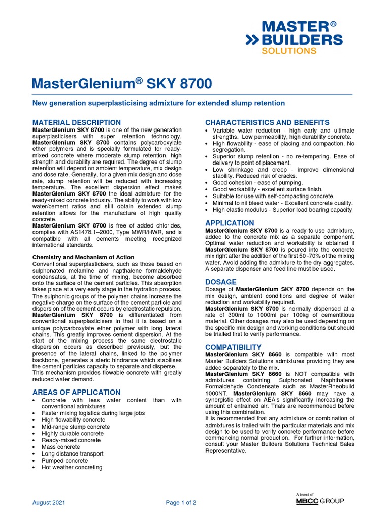 MasterGlenium SKY 8700 | PDF | Technology & Engineering