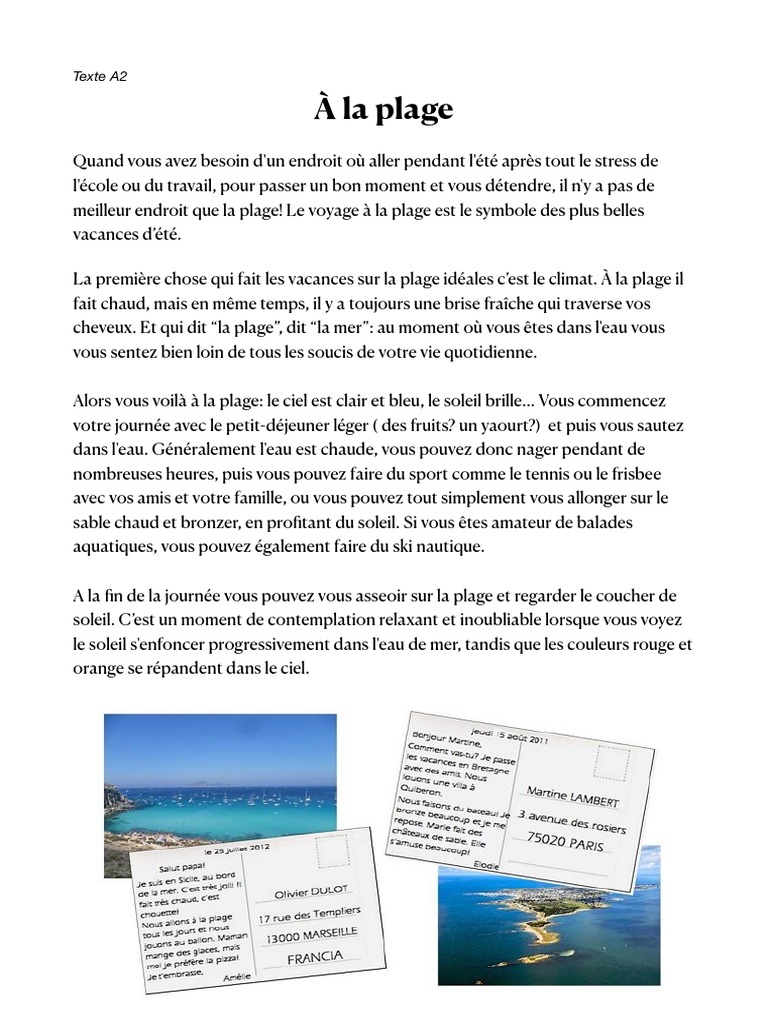 Vacances A La Plage FLE A2 | PDF