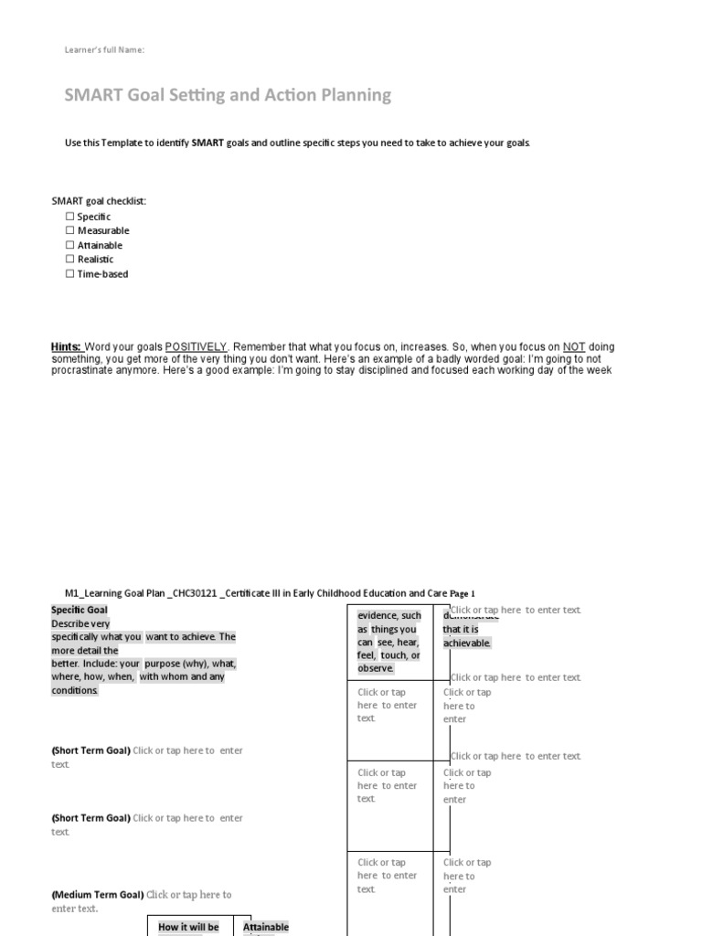 CHC30121 M1 AT01 TEMPLATE Learning Goal Plan.v2.3 | PDF | Goal | Mentorship