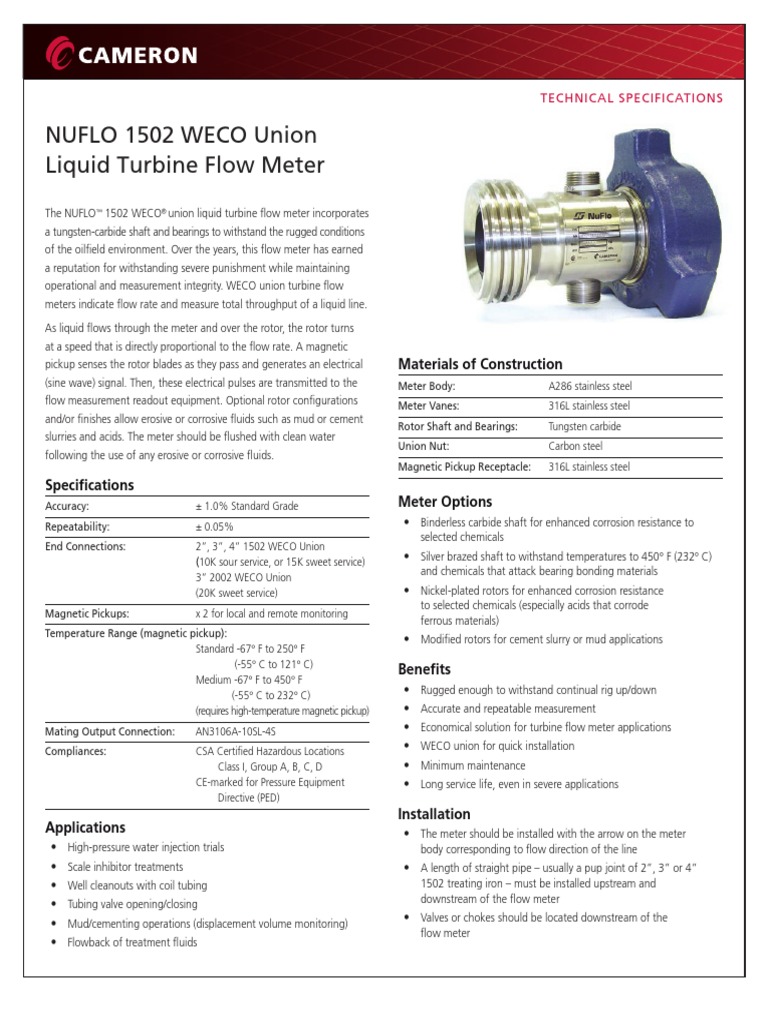 nuflo-1502-weco-union-liquid-turbine-flow-meter-data-sheet | PDF