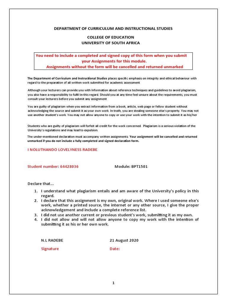 BPT 1501 Assignment 2 | PDF | Teachers | Plagiarism