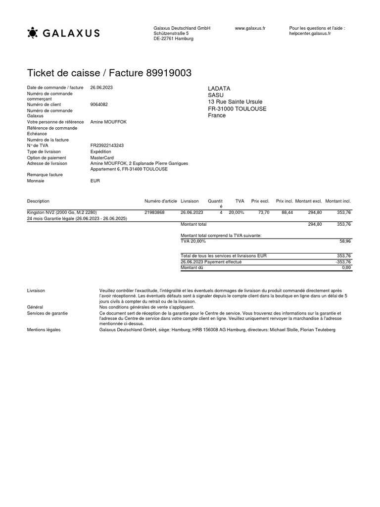 Galaxus - Ticket de Caisse - 89919003 | PDF