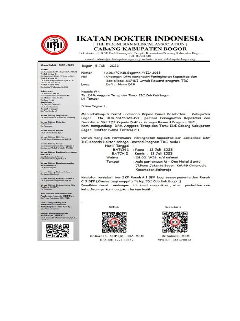 Surat Undangan - IDI (A161) Peningkatan Kapasitas Dan Sosialisasi SKP Reward Program TB | PDF