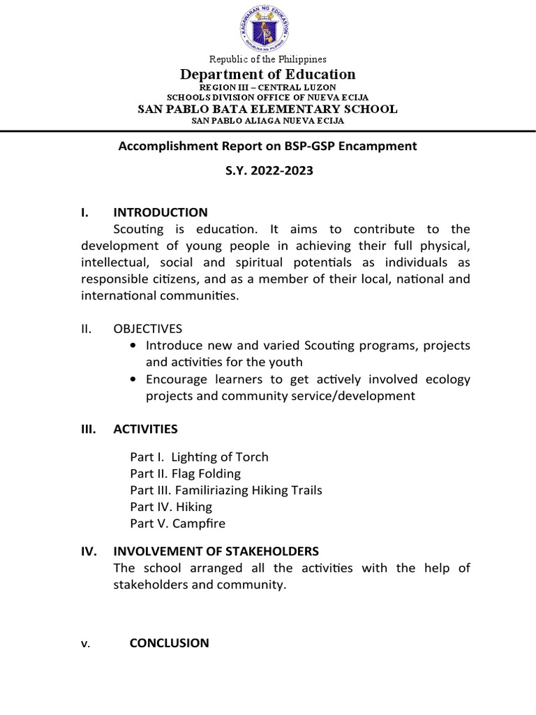 Accomplishment-Report-BSP-GSP-encampment(1) | PDF | Scouting | Outdoor ...