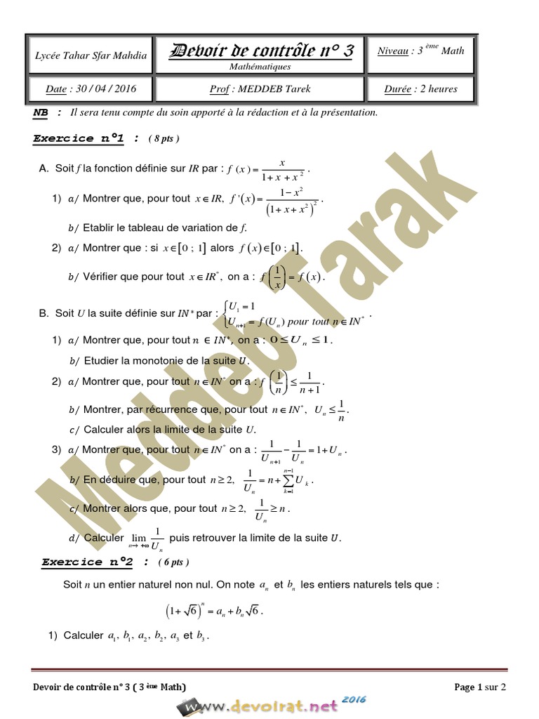 Devoir de Contrôle N°3 - Math - 3ème Mathématiques (2015-2016) MR ...