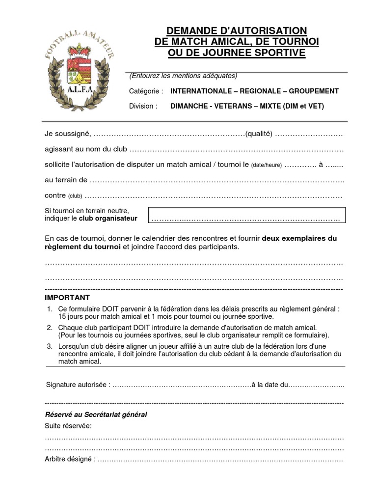 Demande Match Amical-Tournoi | PDF