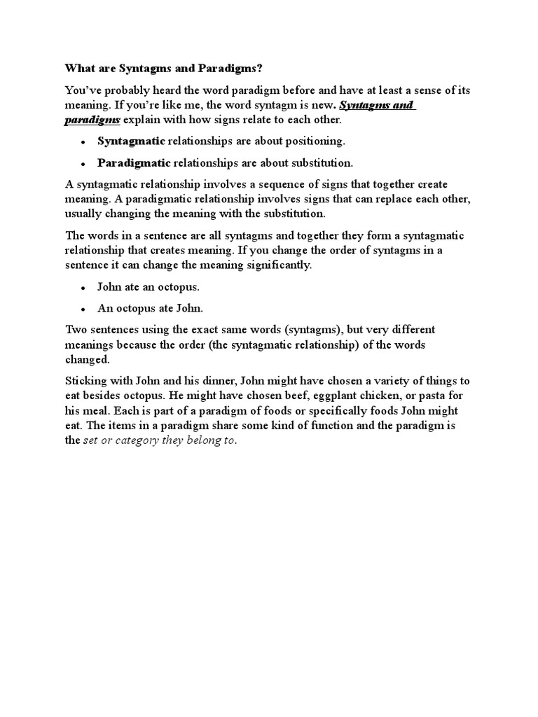 Syntagmatic & Paradigmatic Relations | PDF | Paradigm | Foods