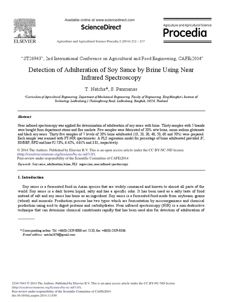 Detection of Adulteration of Soy Sauce by Brine Using Near Infrared Spectros | PDF