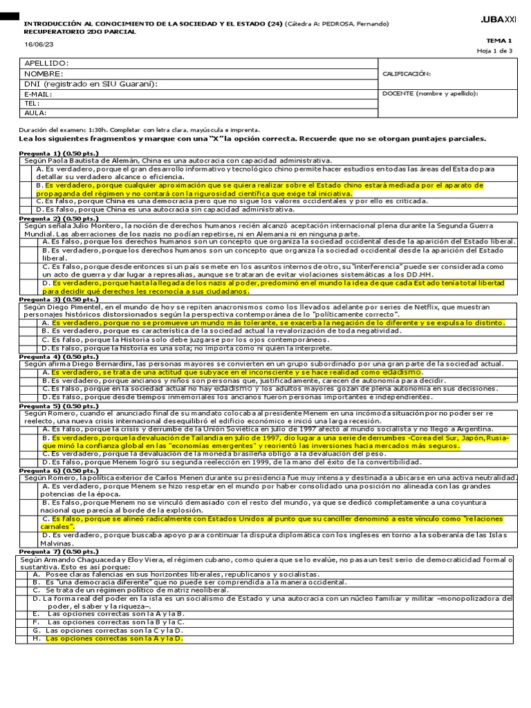 ICSE - Recuperatorio Segundo Parcial - TEMA 1 - CLAVES DE CORRECCIÓN | PDF