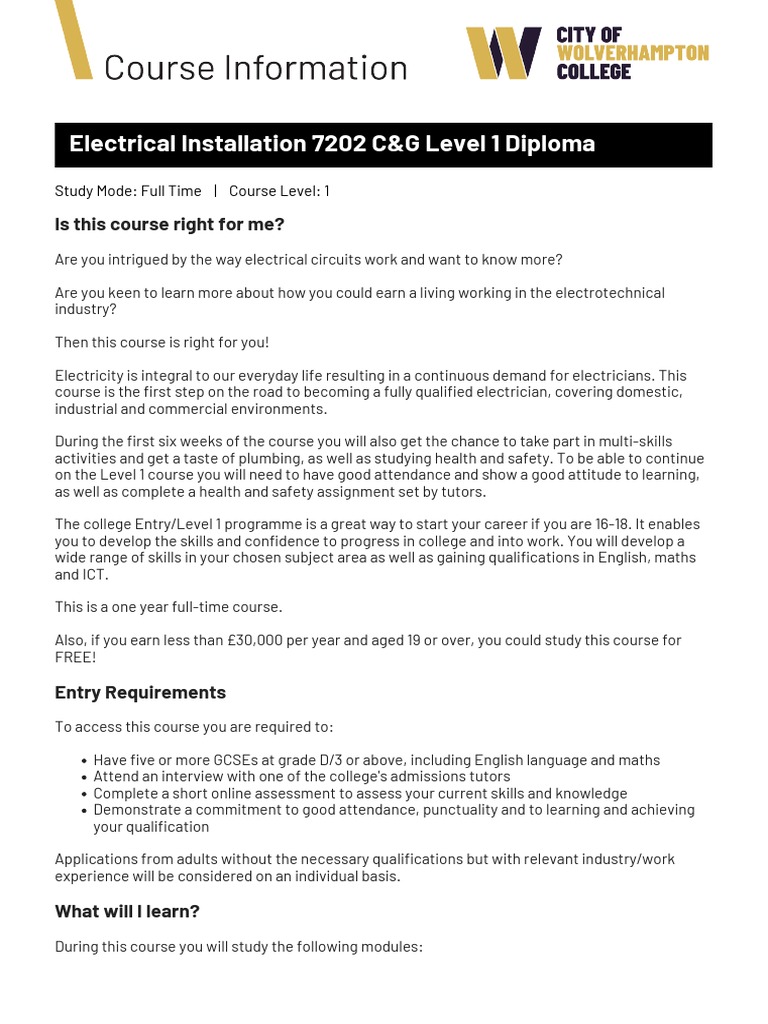 Electrical Installation 7202 C&G Level 1 Diploma | PDF