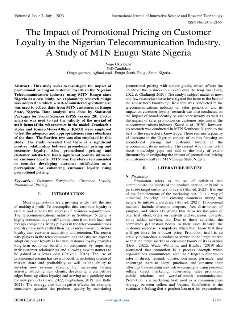 The Impact of Promotional Pricing On Customer Loyalty in The Nigerian ... The Impact of Promotional Pricing On Customer Loyalty in The Nigerian ...